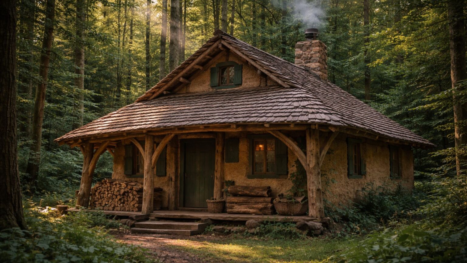 Lenhador constrói uma casa dentro da floresta com toras de castanheiro ...