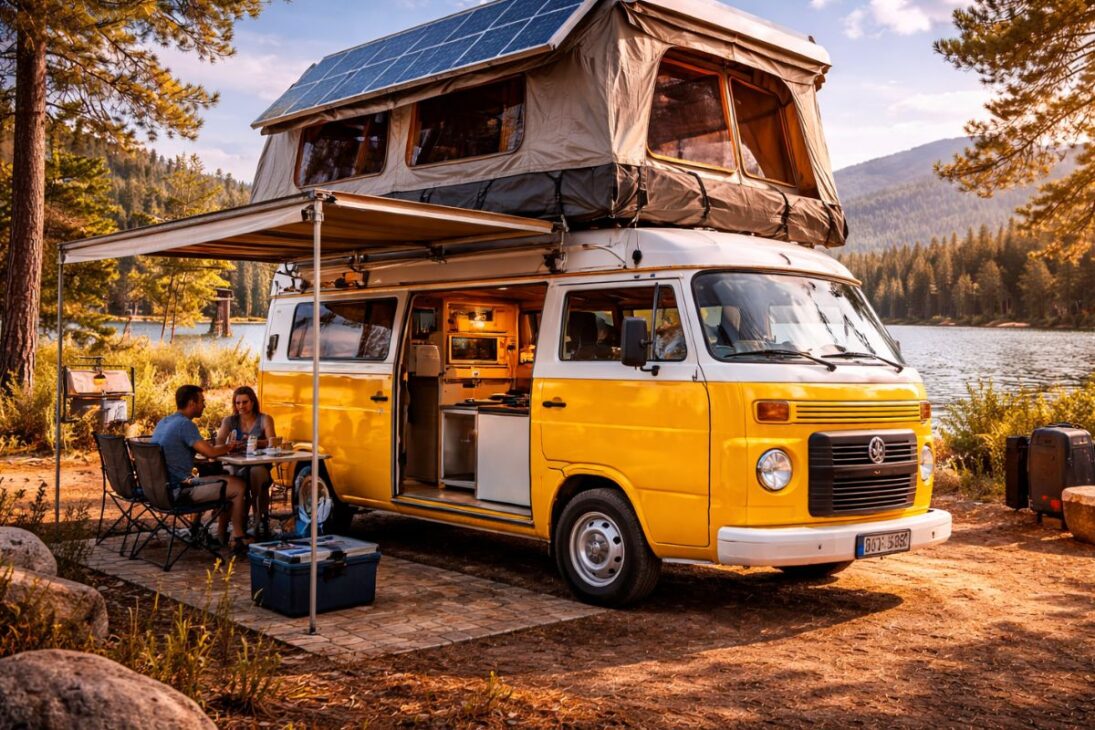 Kombi vira motorhome de dois andares com barraca elétrica, placa solar ...