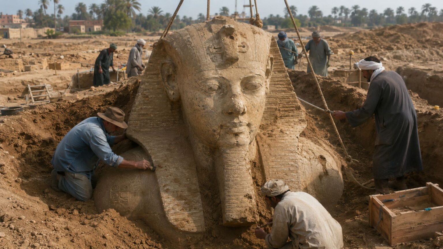 A parte superior de uma estátua monumental atribuída ao faraó Ramsés II ...