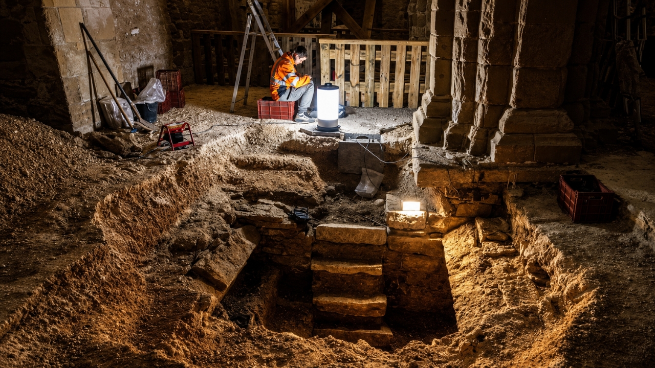 Operários levantaram uma pedra no piso de uma igreja medieval francesa ...